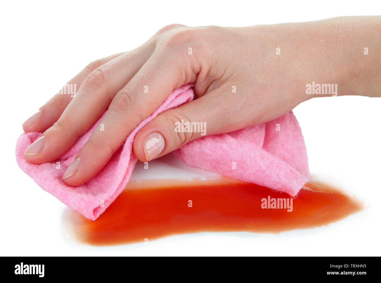 Hand wiping surface with pink rag isolated on white Stock Photo - Alamy