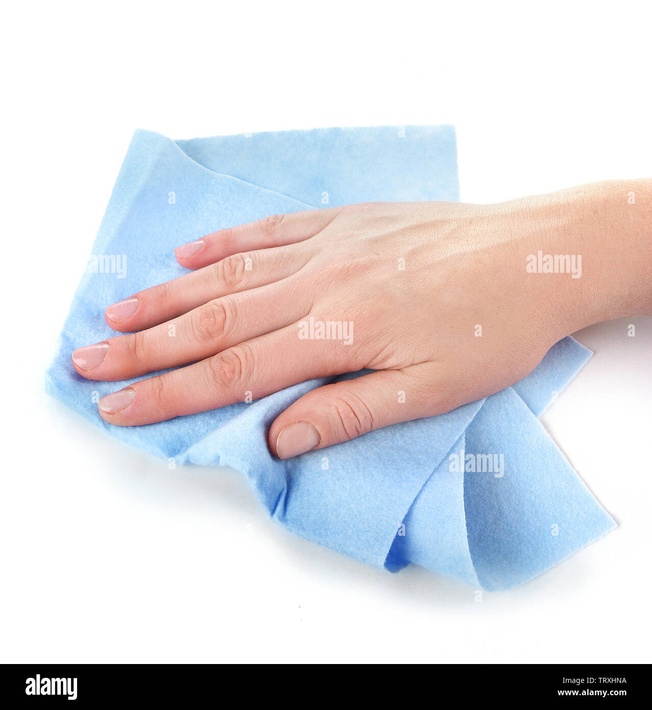 Hand wiping surface with blue rag isolated on white Stock Photo - Alamy