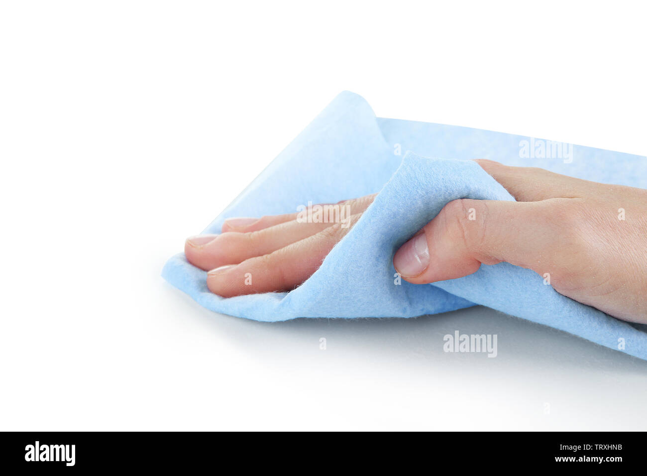 Hand wiping surface with blue rag isolated on white Stock Photo - Alamy