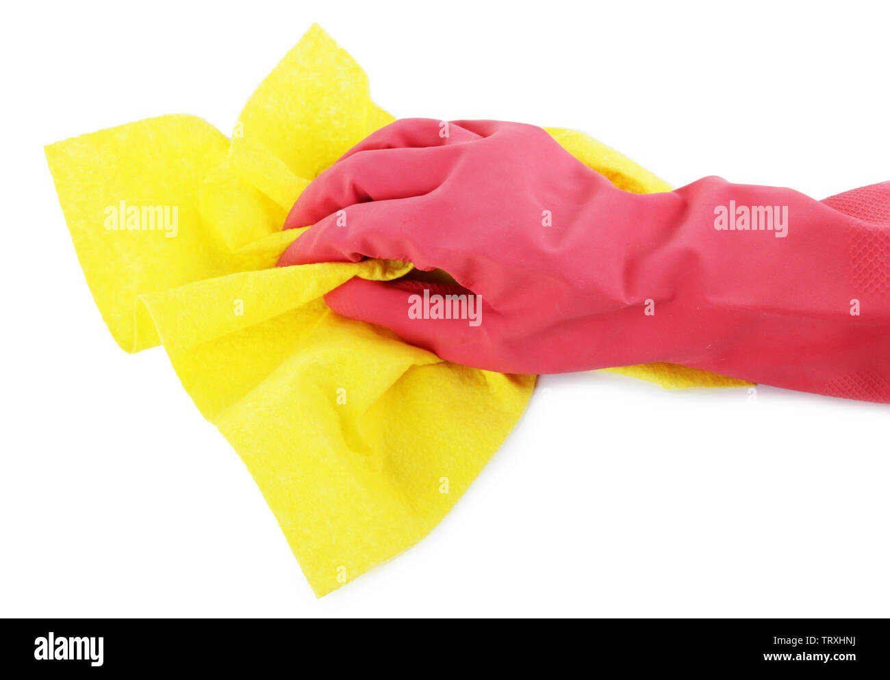Hand in glove wiping surface with yellow rag isolated on white Stock ...