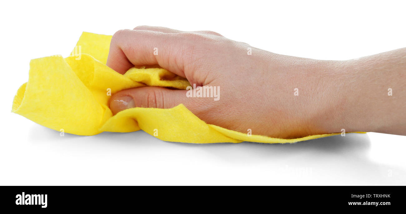 Hand wiping surface with yellow rag isolated on white Stock Photo - Alamy