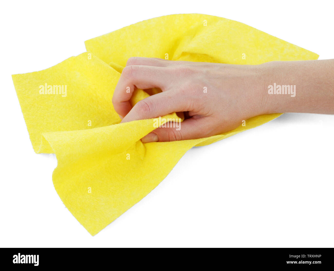 Hand wiping surface with yellow rag isolated on white Stock Photo - Alamy