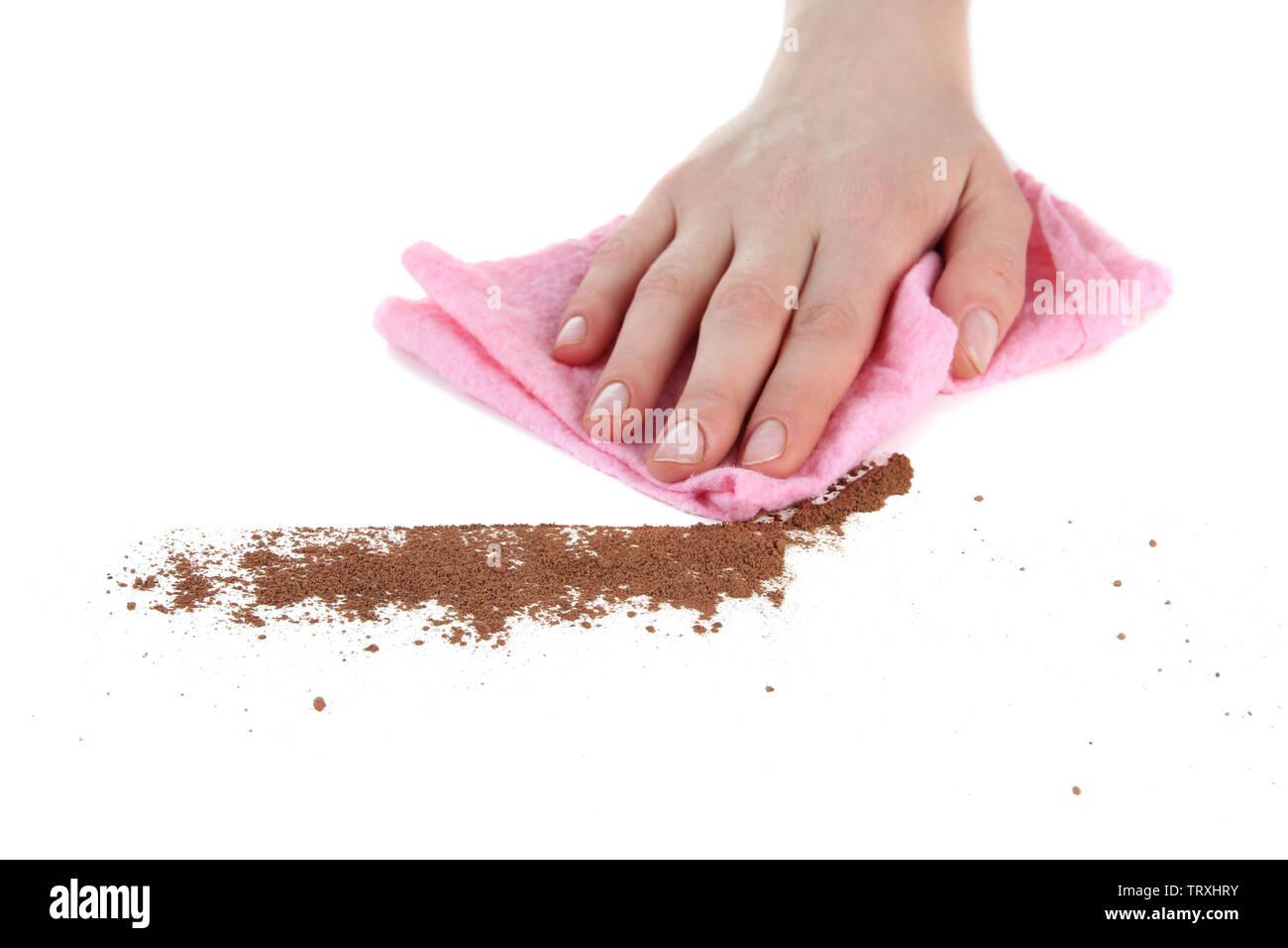 Hand wiping surface with pink rag isolated on white Stock Photo - Alamy