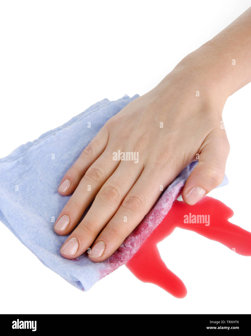Hand wiping surface with blue rag isolated on white Stock Photo - Alamy
