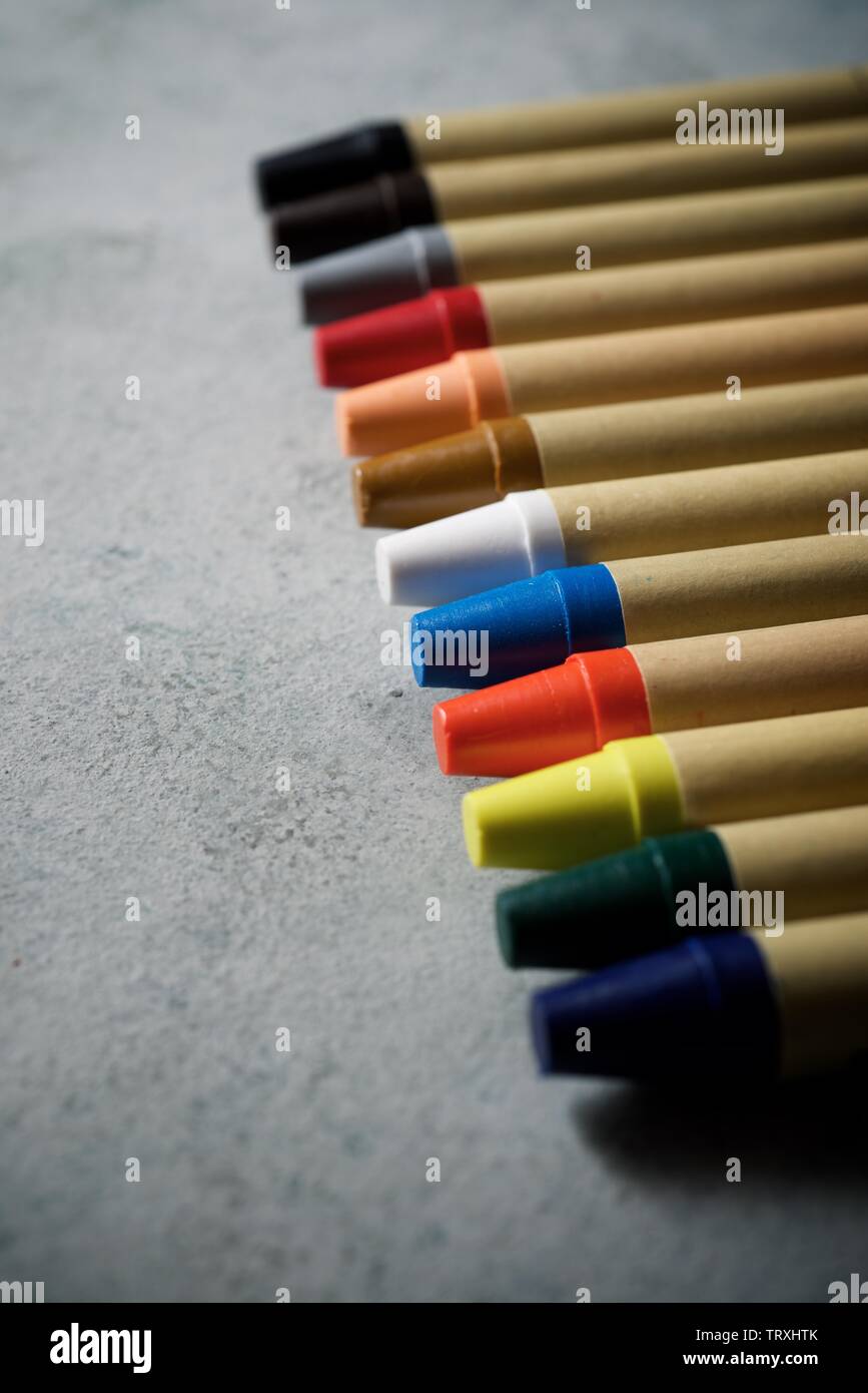 Group of wax crayons on a table Stock Photo - Alamy