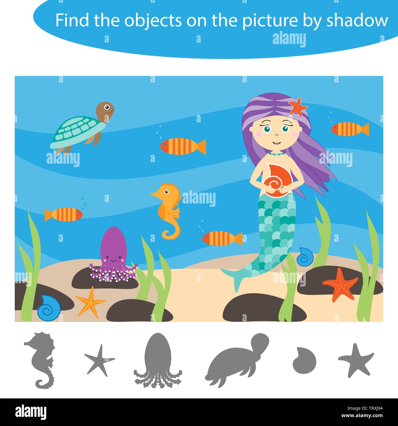 Find the objects by shadow, ocean game for children in cartoon style ...