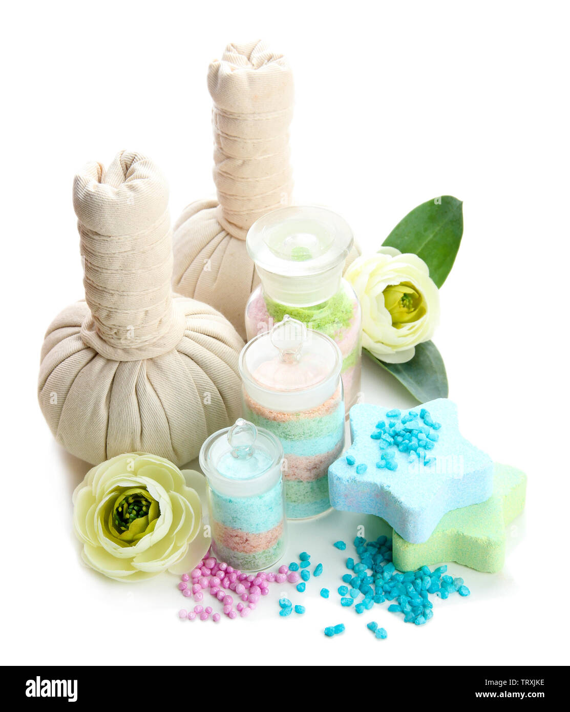 Aromatic salts in glass bottles and herbal compress balls for spa ...