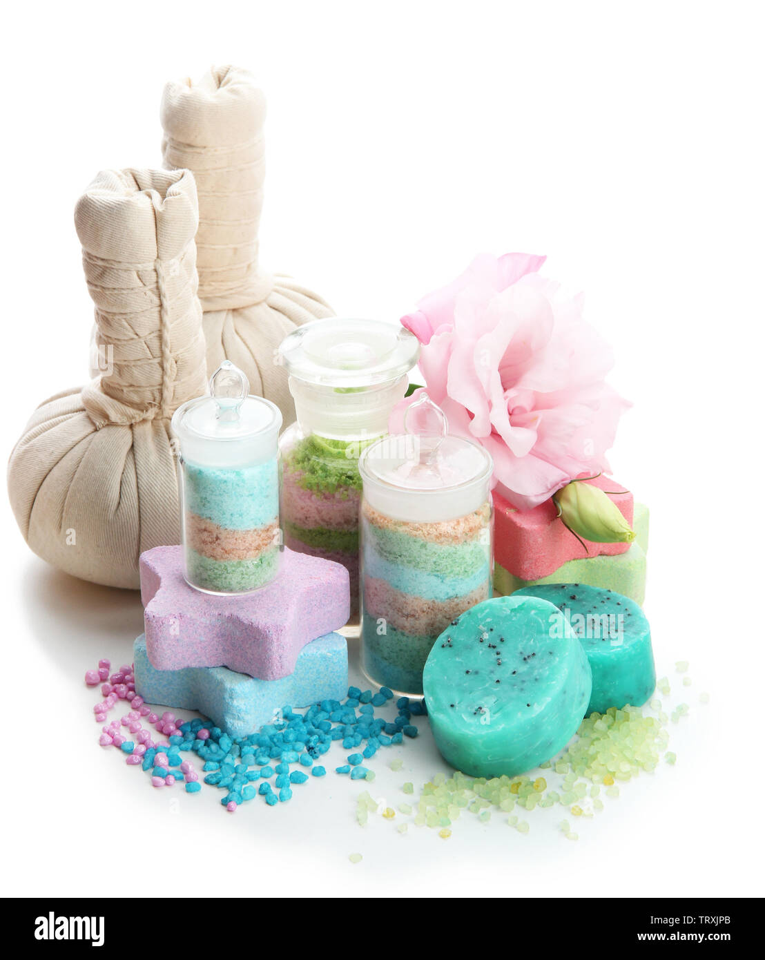 Aromatic salts in glass bottles and herbal compress balls for spa ...