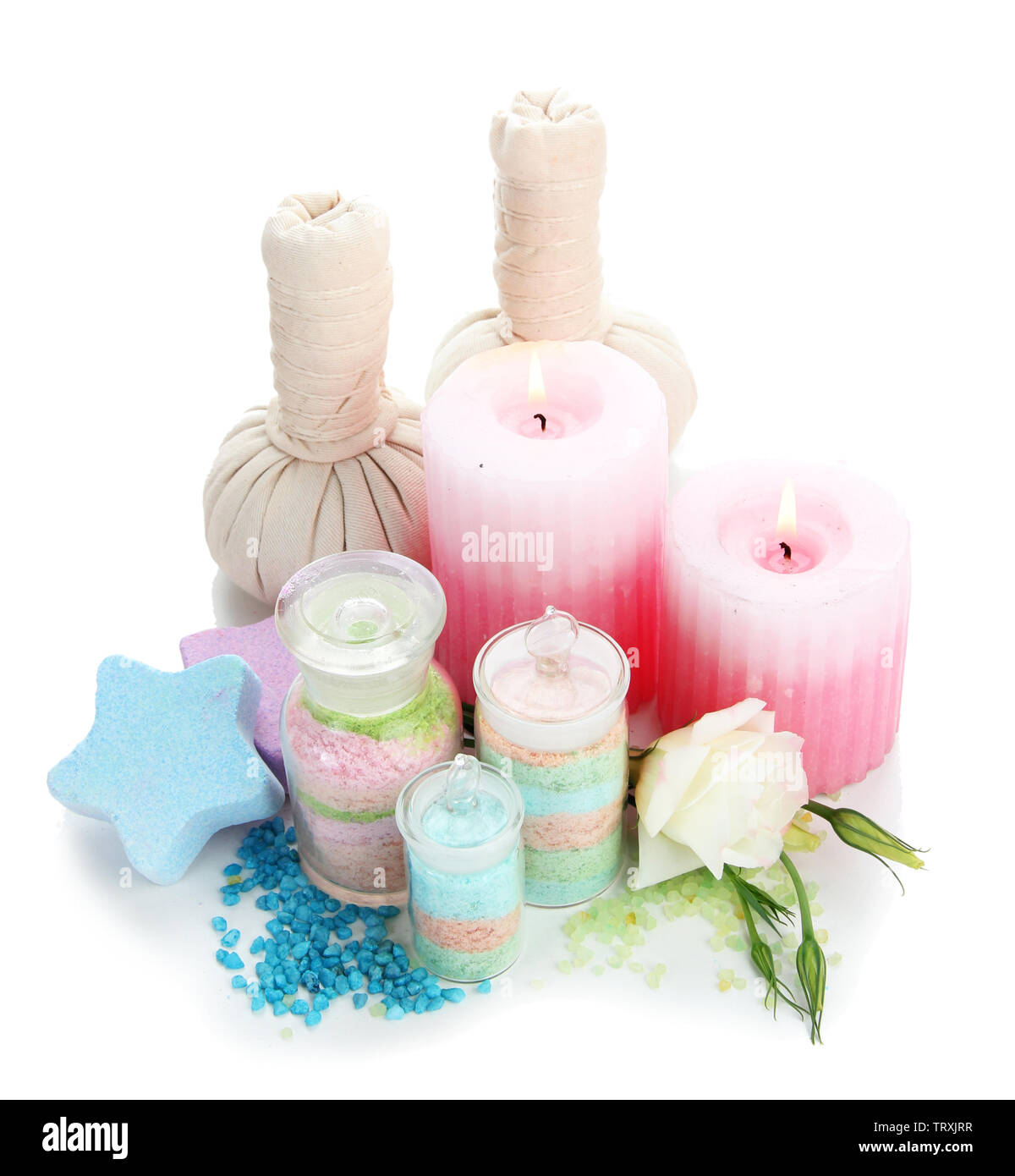 Aromatic salts in glass bottles and herbal compress balls for spa ...