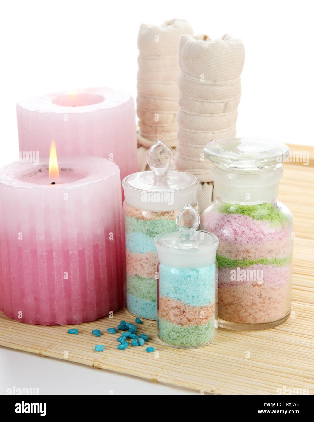 Aromatic salts in glass bottles and herbal compress balls for spa ...