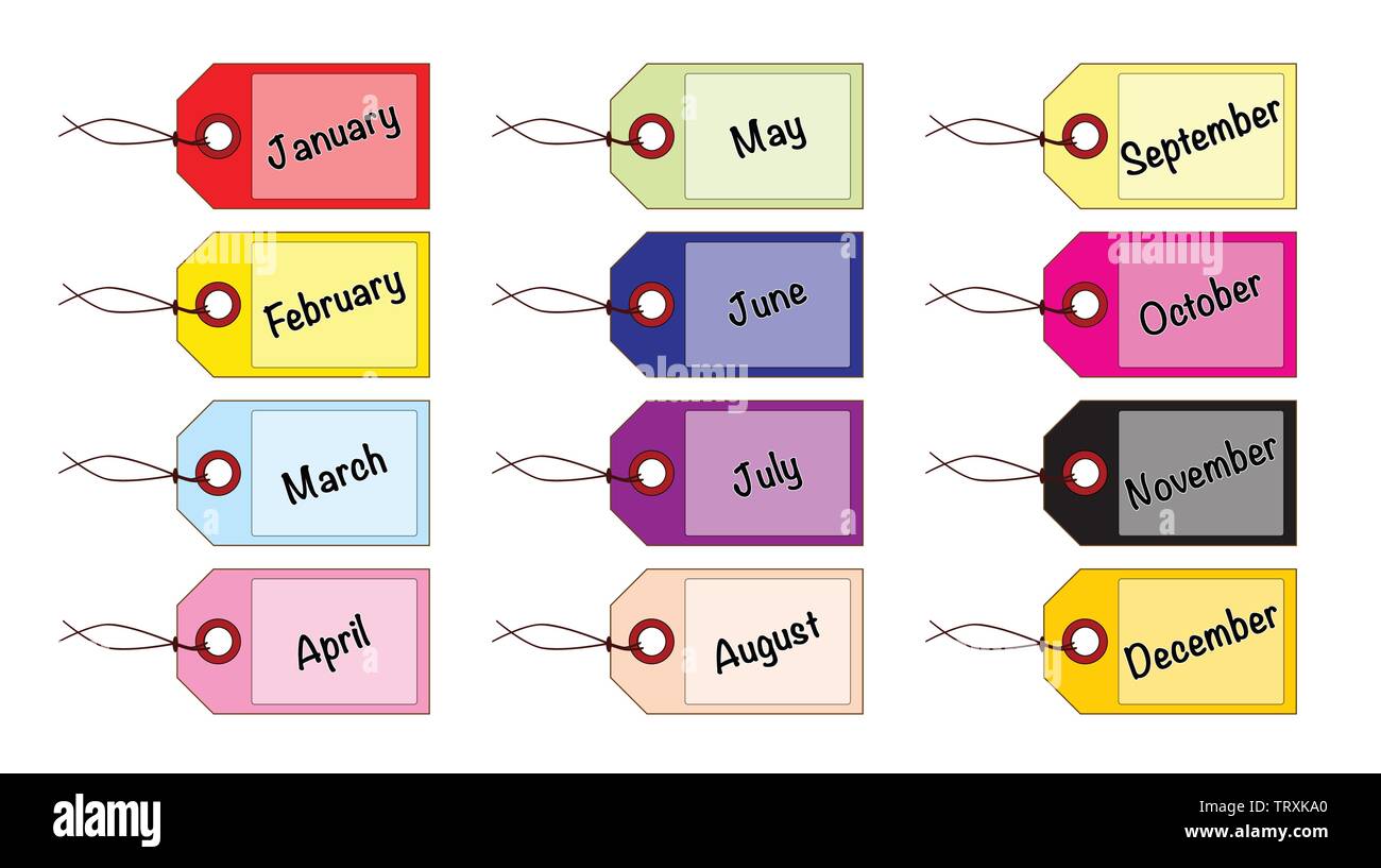 A collection of 12 pastel coloured month tags all over a white ...