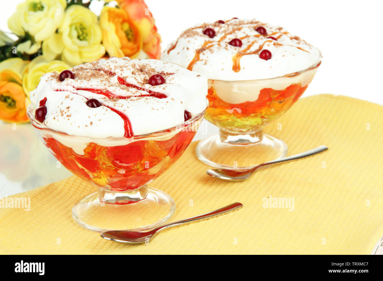 Tasty jelly on table on white background Stock Photo - Alamy