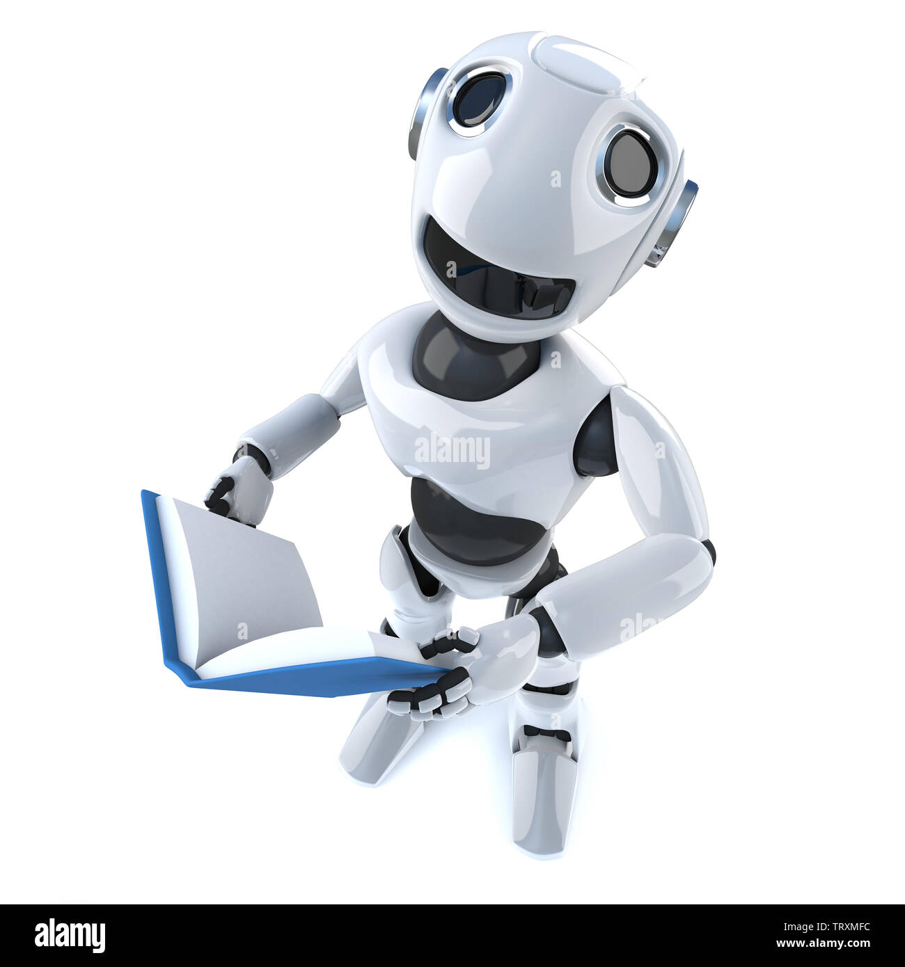 3d render of a funny cartoon mechanical robot character reading a book ...