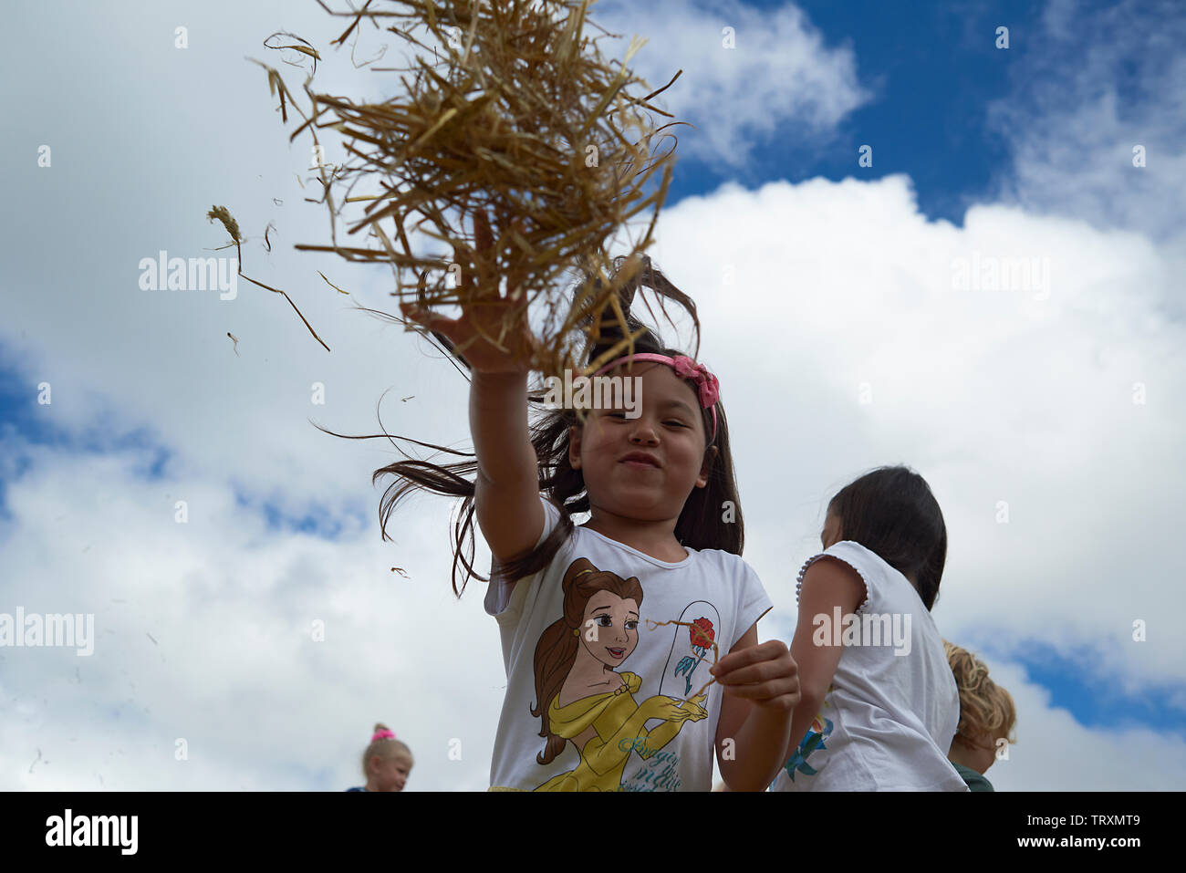 Kids playing on top of a haystack and throwing around the hay in summer ...