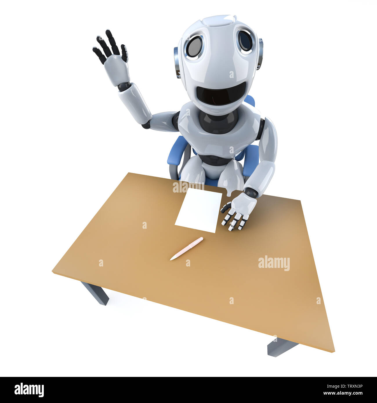 3d render of a funny robot character waving from begind an office desk ...