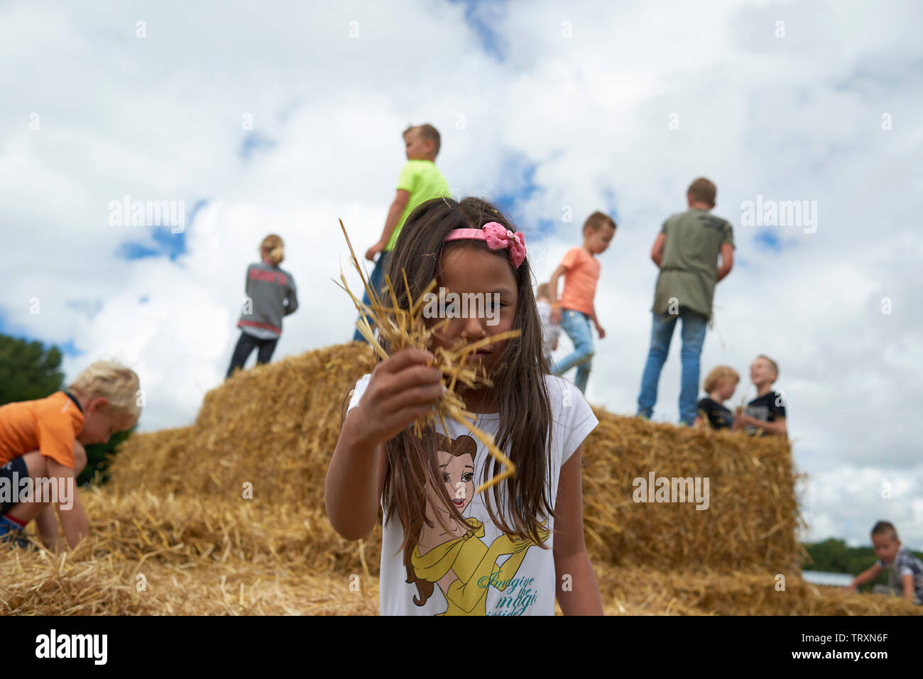 Kids playing on top of a haystack and throwing around the hay in summer ...