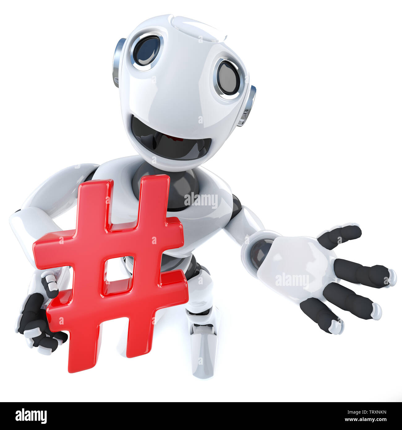 3d render of a funny cartoon robot character holding a hash tag ...