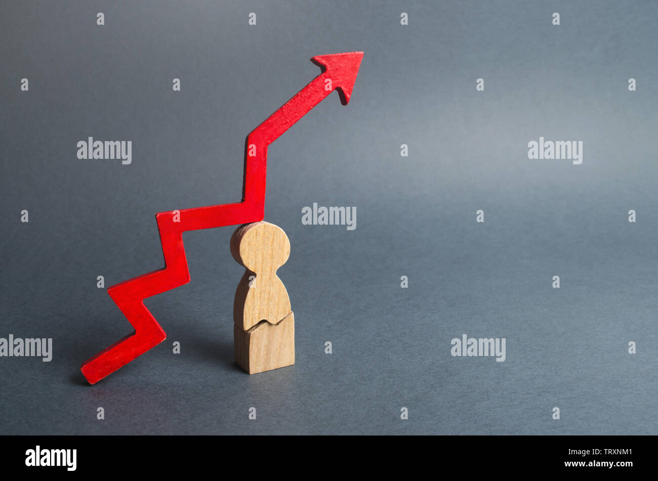 Cracked man and red arrow up. High workload or tense situation at home ...