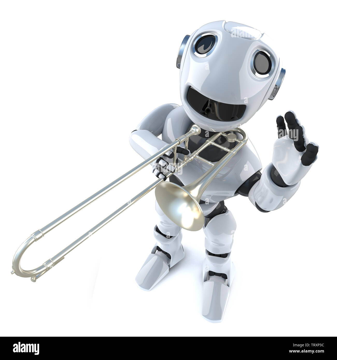 3d render of a funny cartoon robot character playing the trombone Stock ...