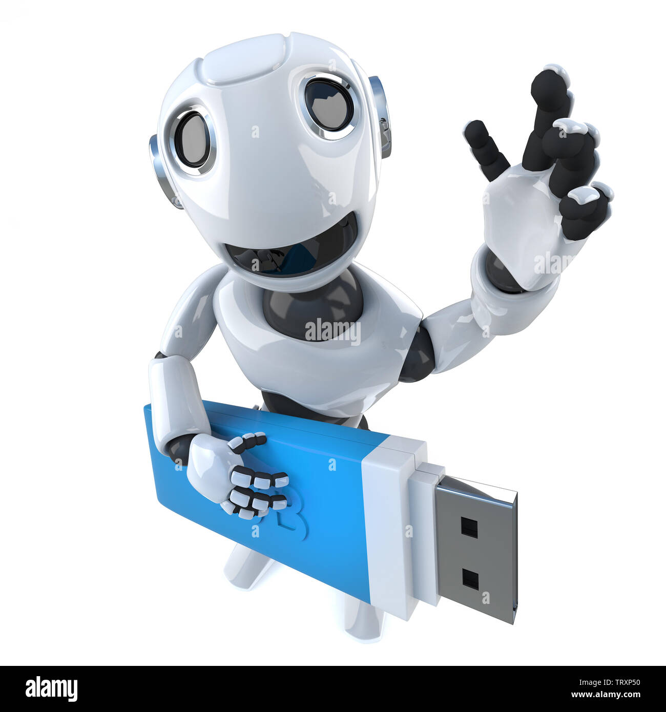 3d render of a funny cartoon robot character holding a usb thumb drive ...