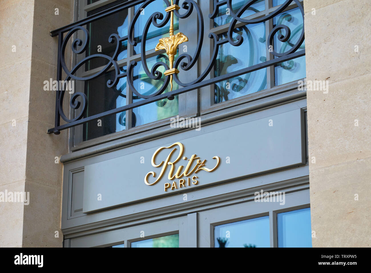 PARIS, FRANCE - JULY 21, 2017: Ritz, luxury hotel golden sign in place ...