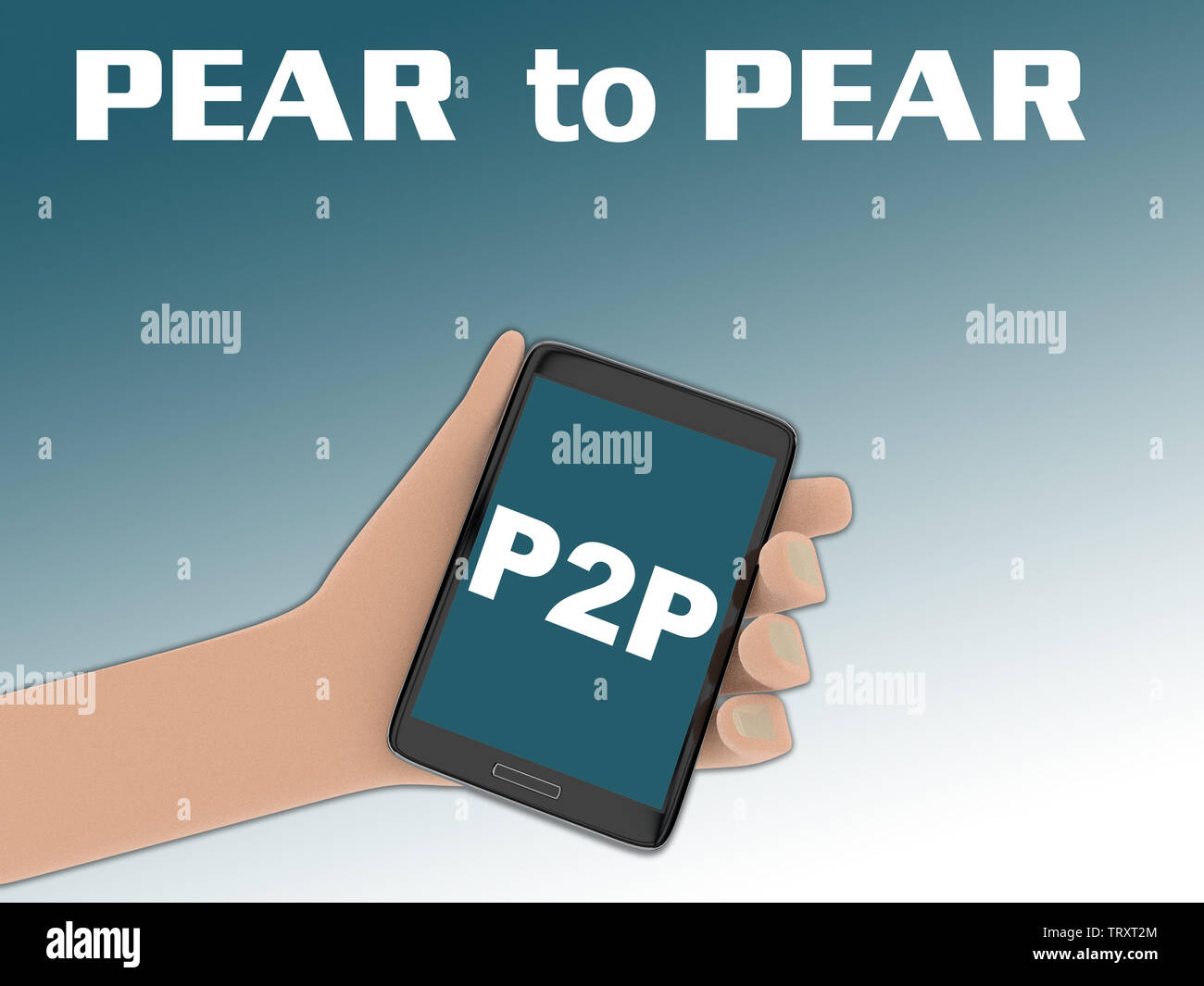 3D illustration of P2P script on the screen of a cellulr phone held by ...