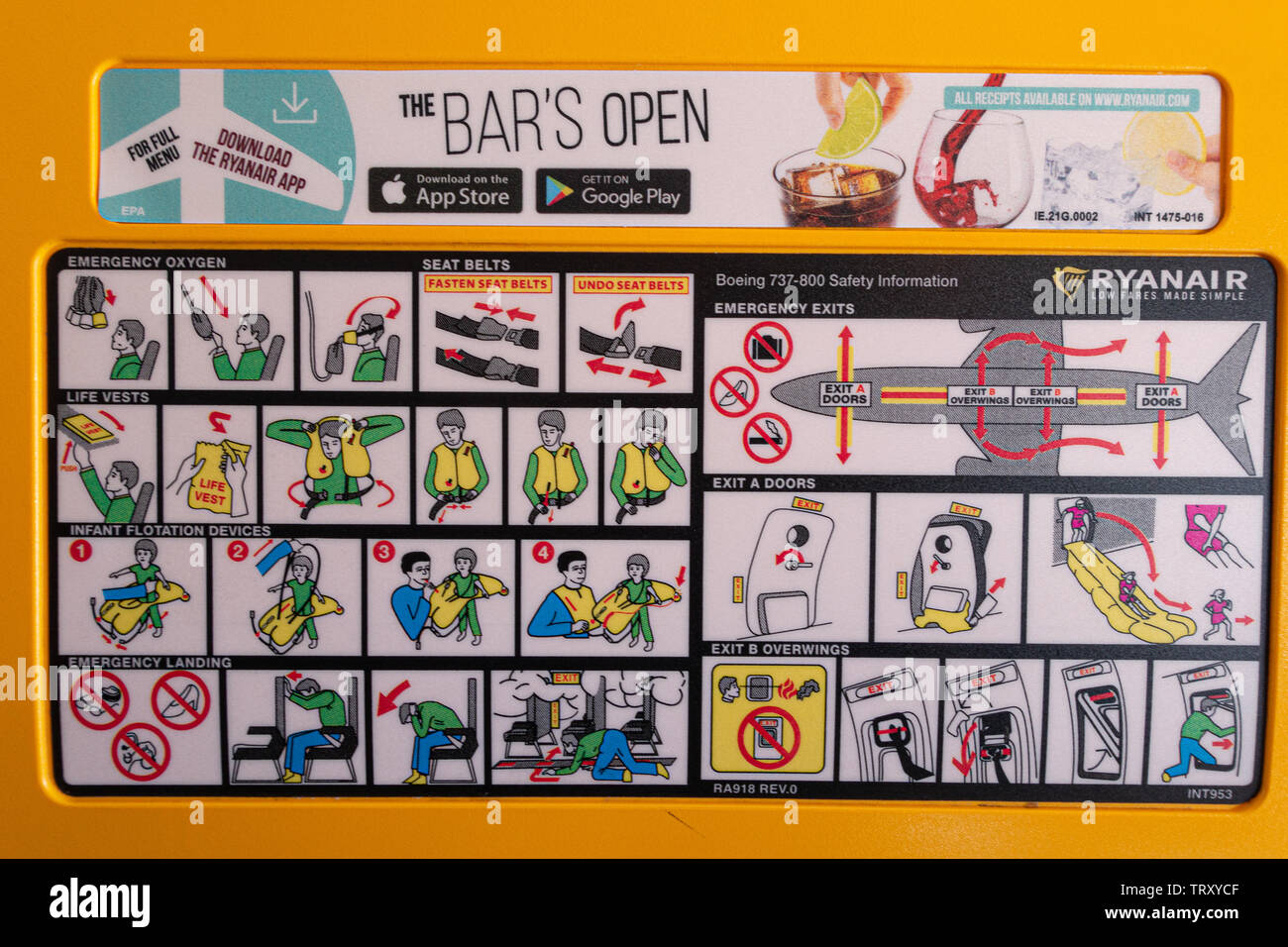 Cabin safety procedure and information on the back of a passenger seat ...