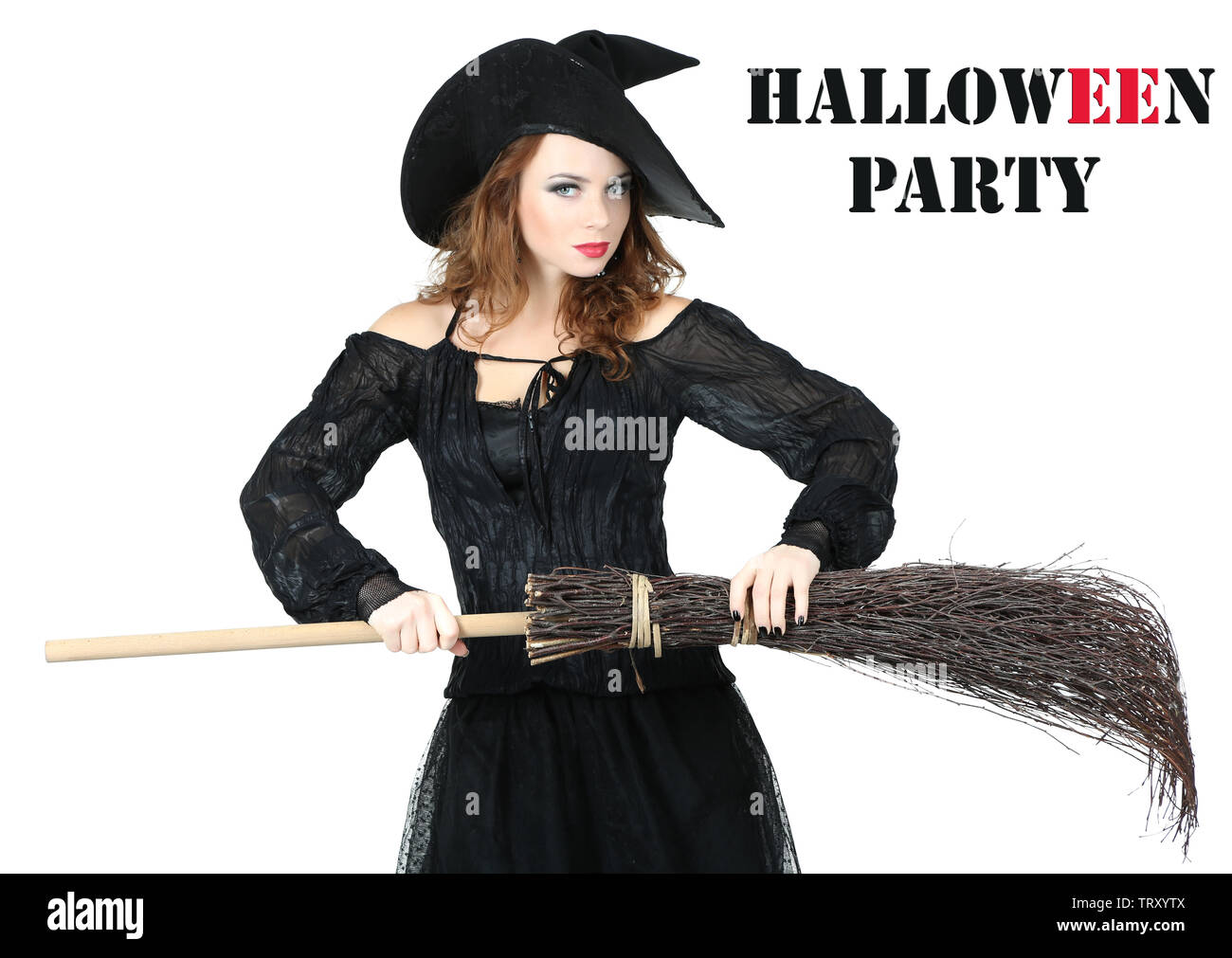 Halloween witch with broom isolated on white Stock Photo - Alamy