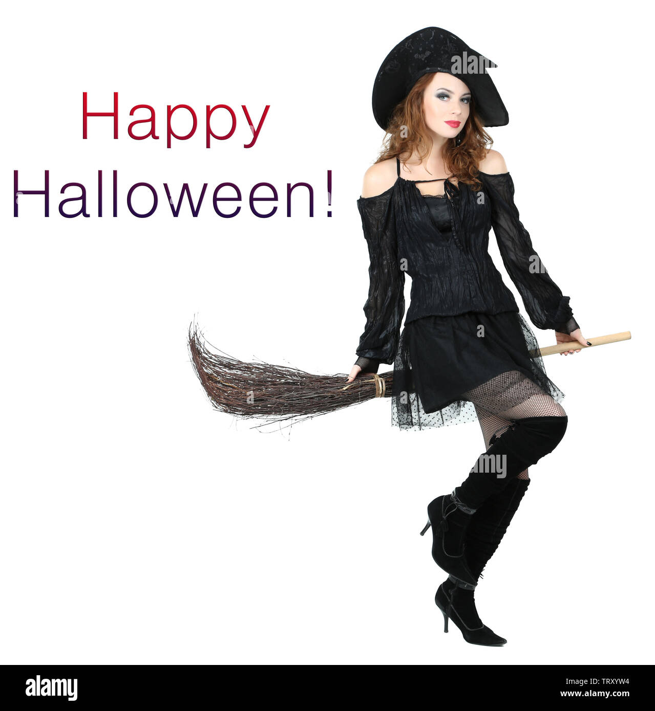 Halloween witch with broom isolated on white Stock Photo - Alamy