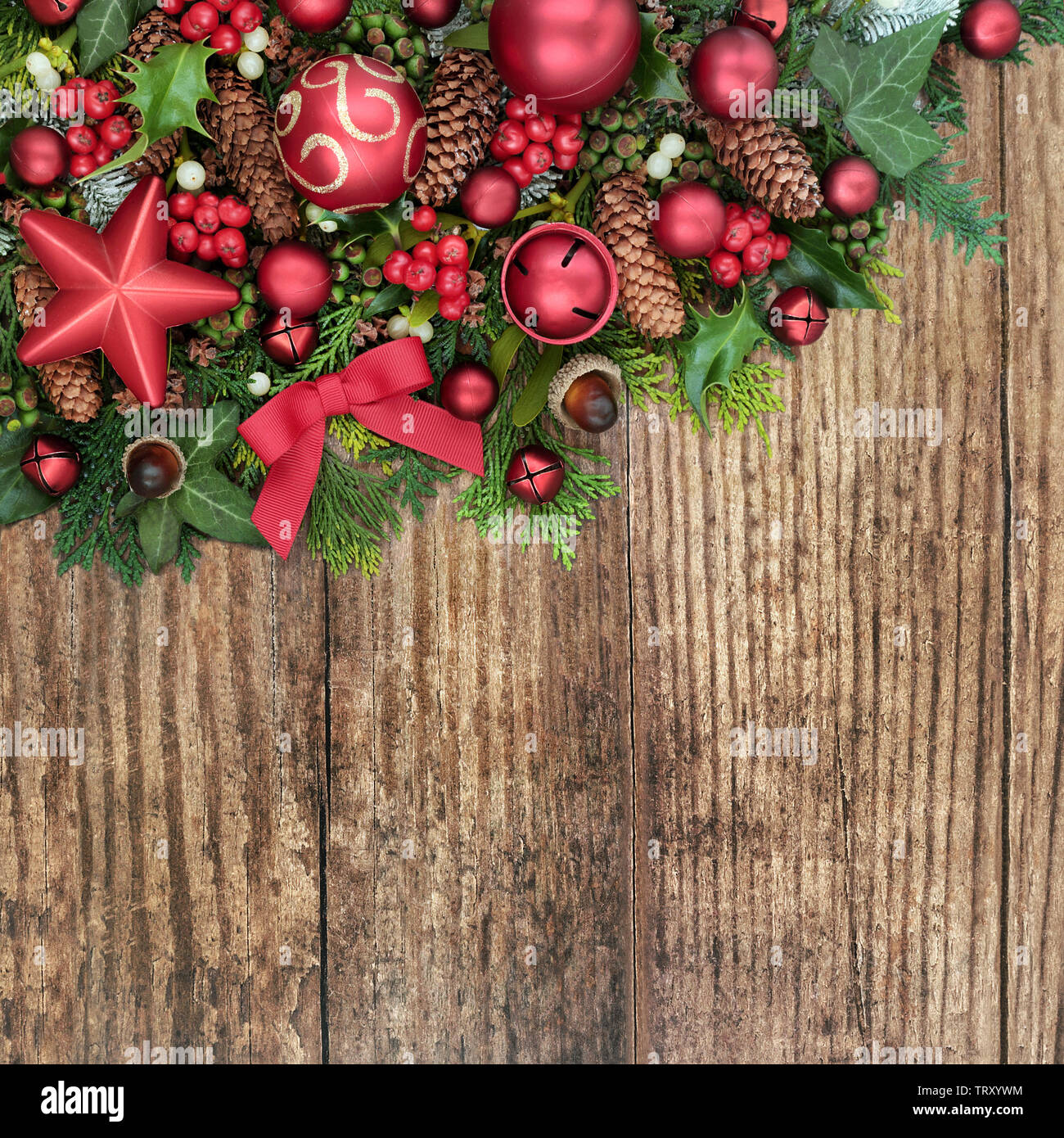 Christmas festive background border with festive bauble decorations and ...