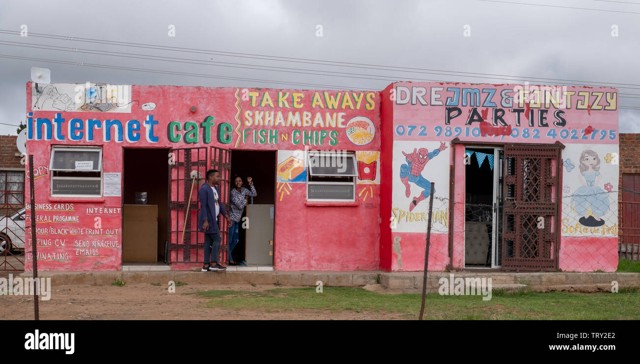 Brightly coloured cafe / village store in rural area on the Wild Coast ...