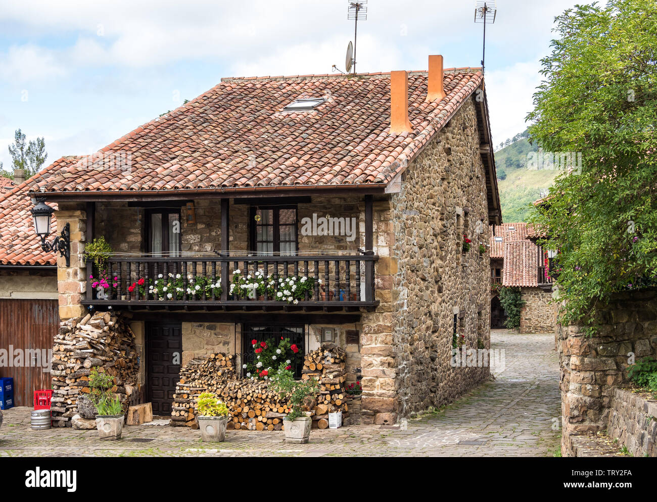 Barcena Mayor, Cabuerniga valley, with typical stone houses is one of ...