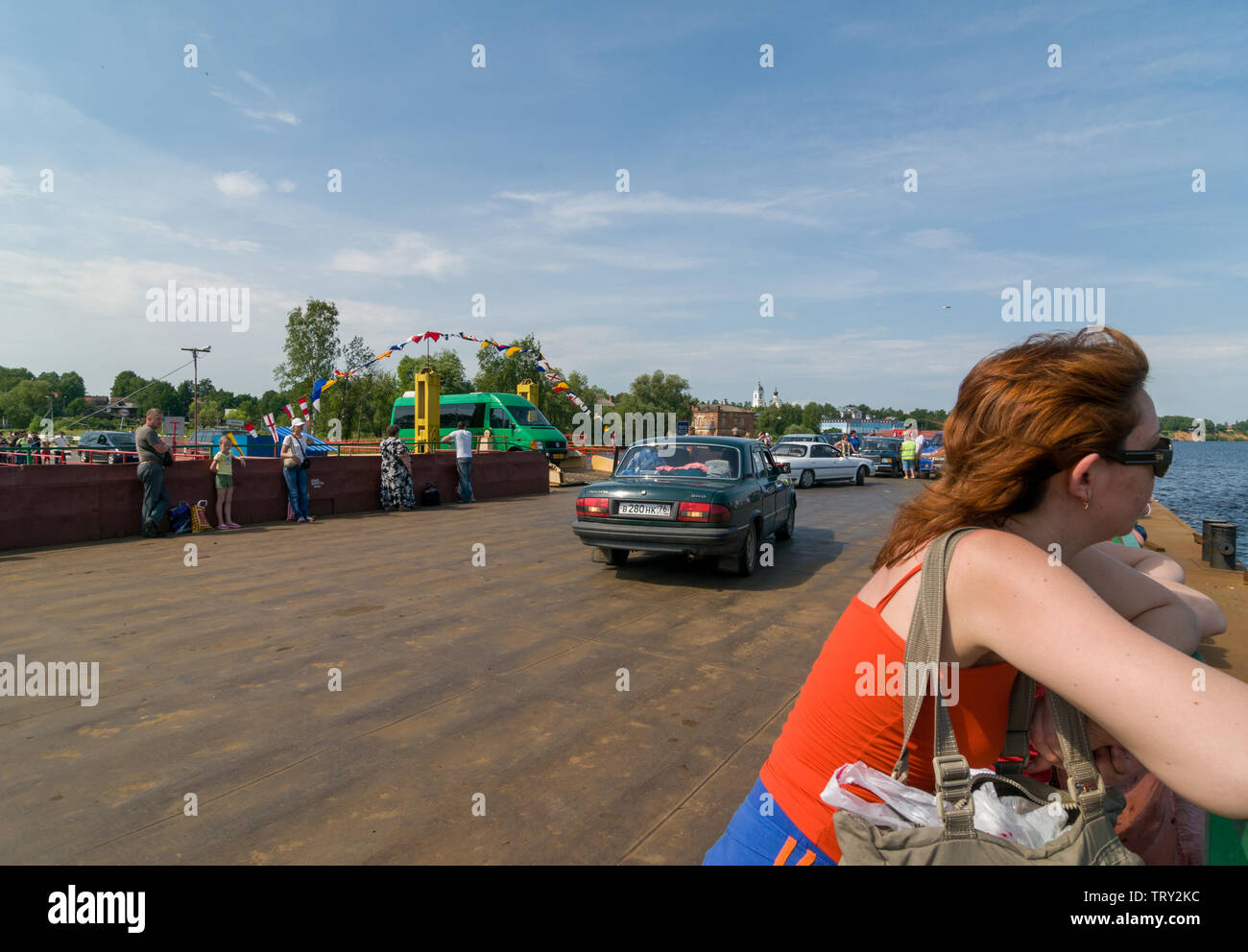 People on a ferry at Volga Stock Photo - Alamy