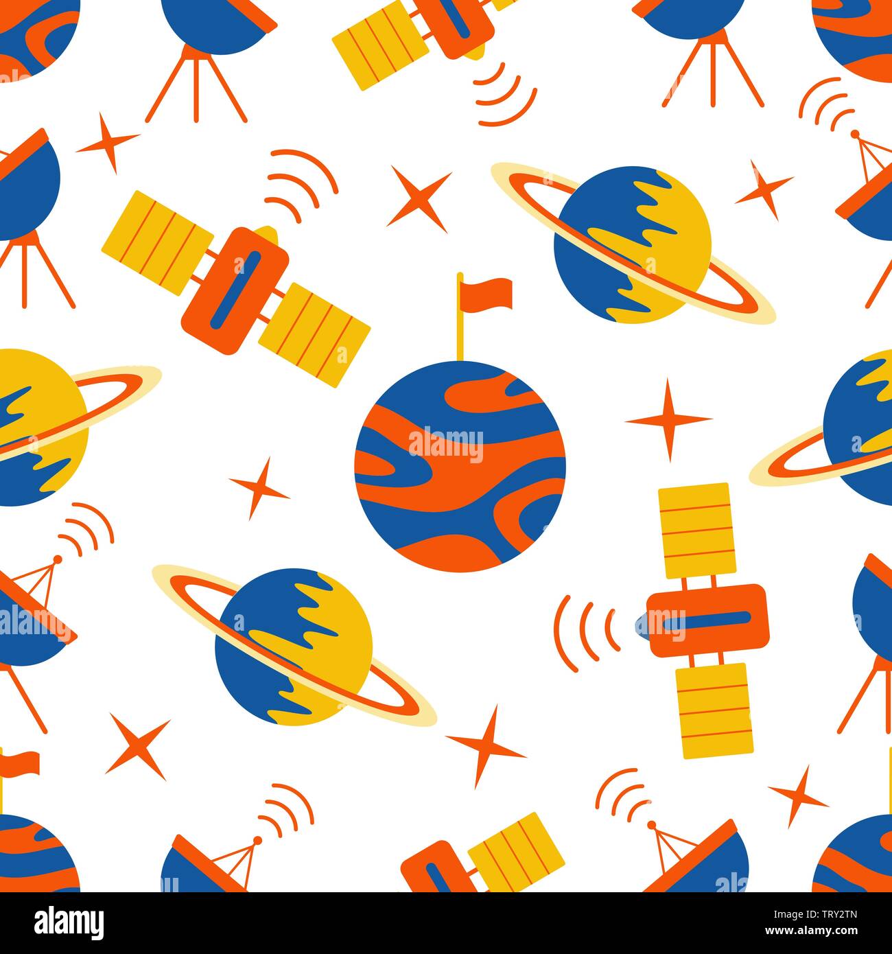 Seamless vector pattern with planets, Saturn, stars, orbital station ...