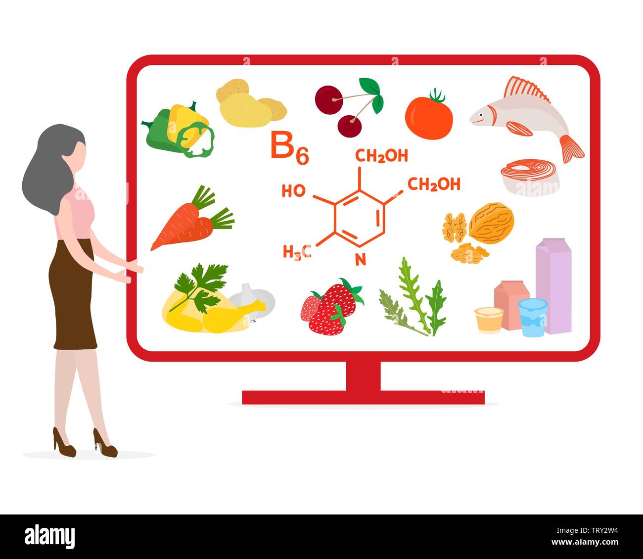 Vector illustration with woman and display showing healthy foods rich ...