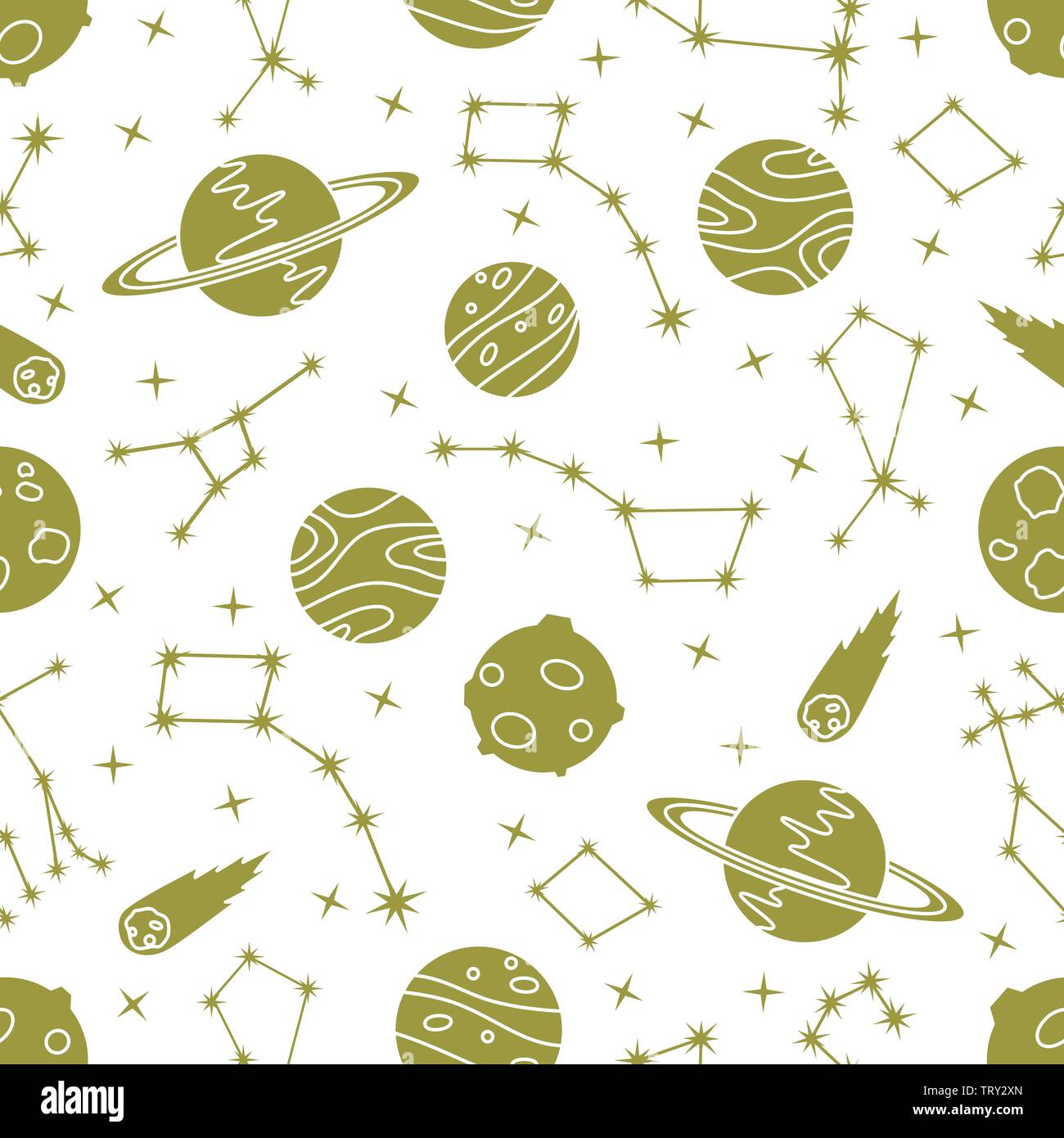 Seamless vector pattern with constellations, planets, Saturn, comet ...