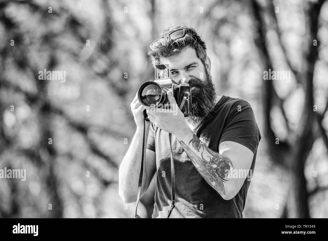 Content creator. Man bearded hipster photographer. Photographer with ...