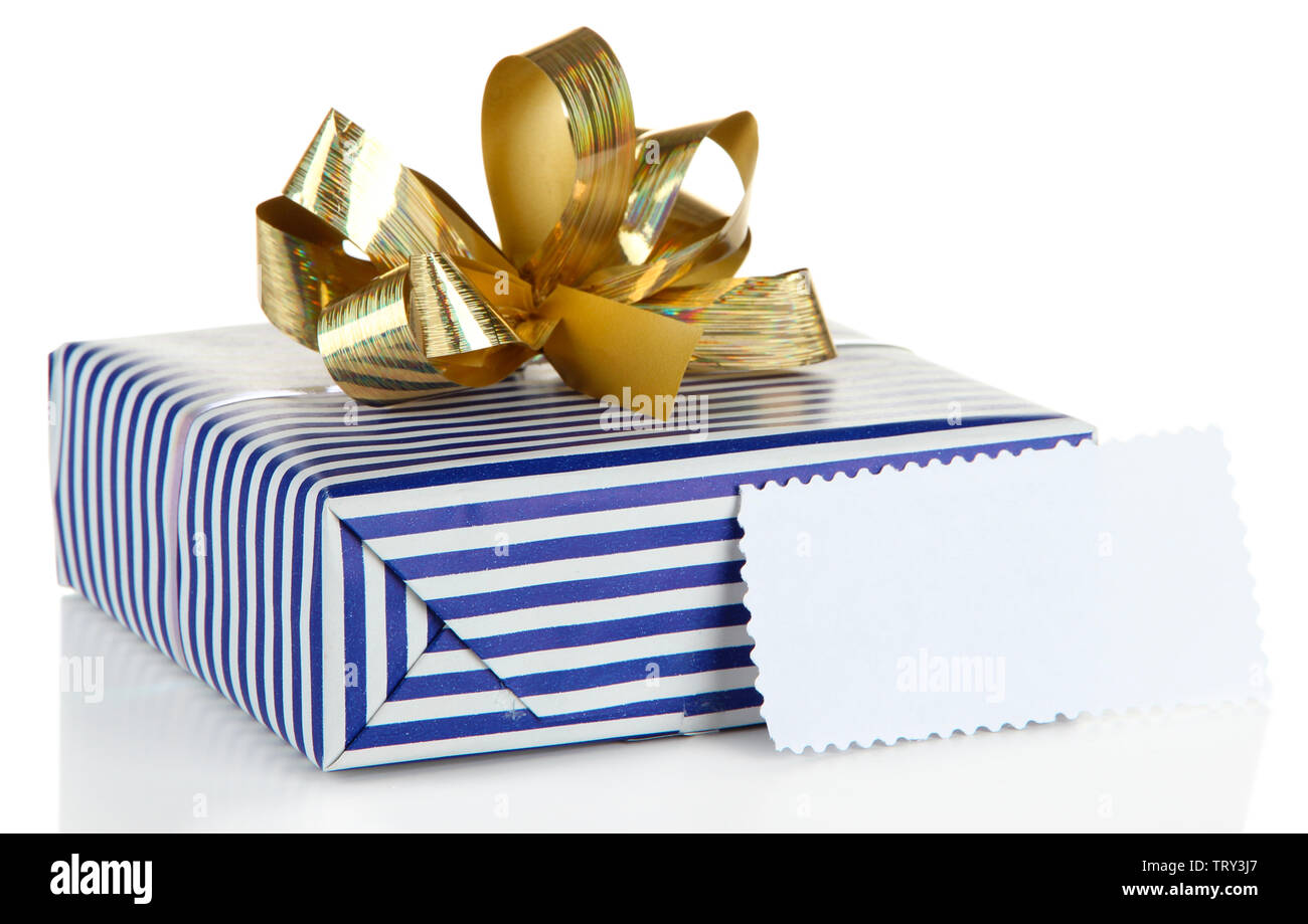 Gift box with blank label isolated on white Stock Photo - Alamy