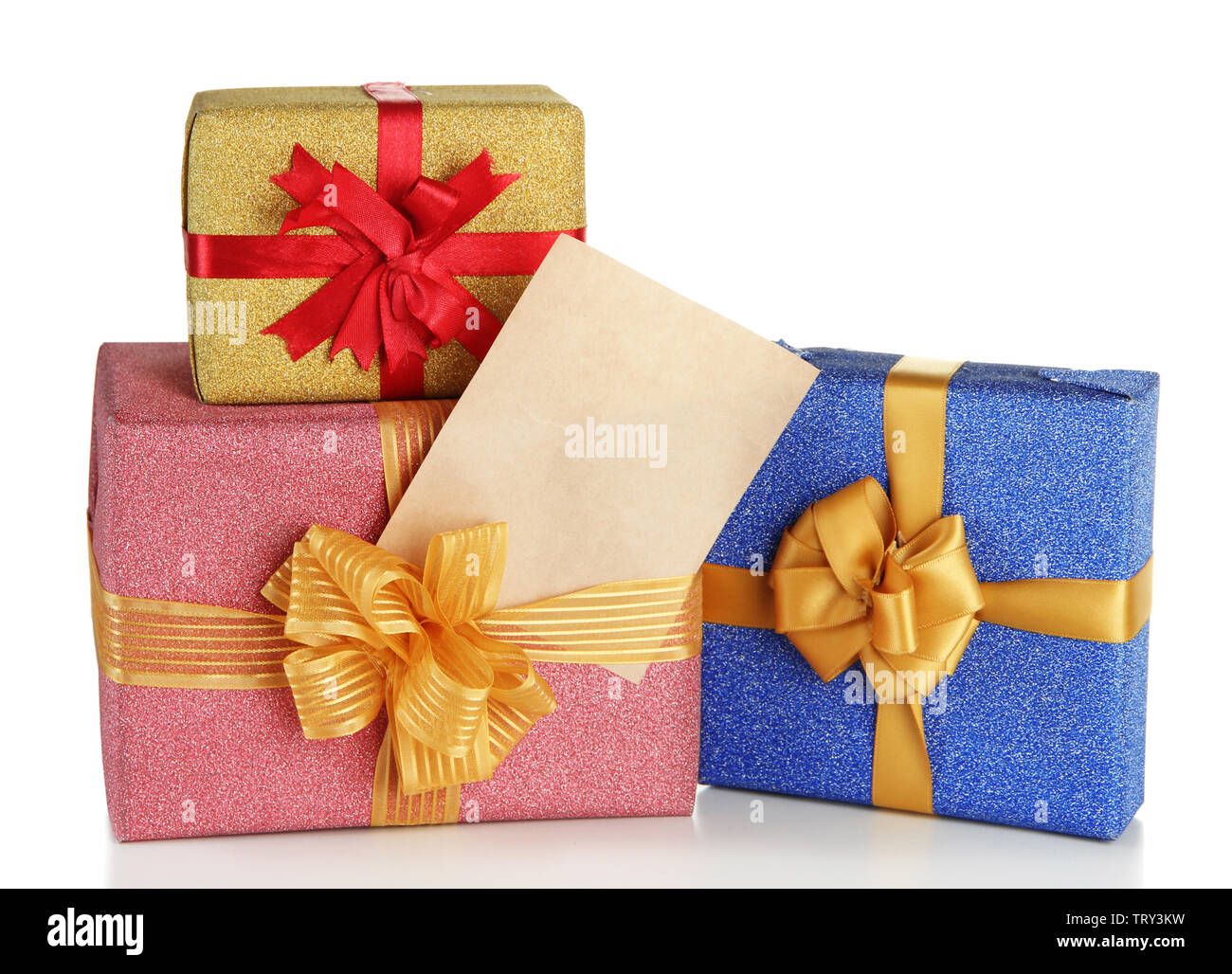 Gift boxes with blank label isolated on white Stock Photo - Alamy
