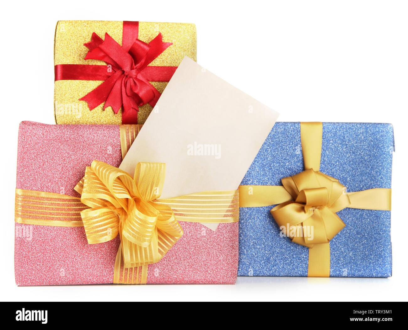 Gift boxes with blank label isolated on white Stock Photo - Alamy