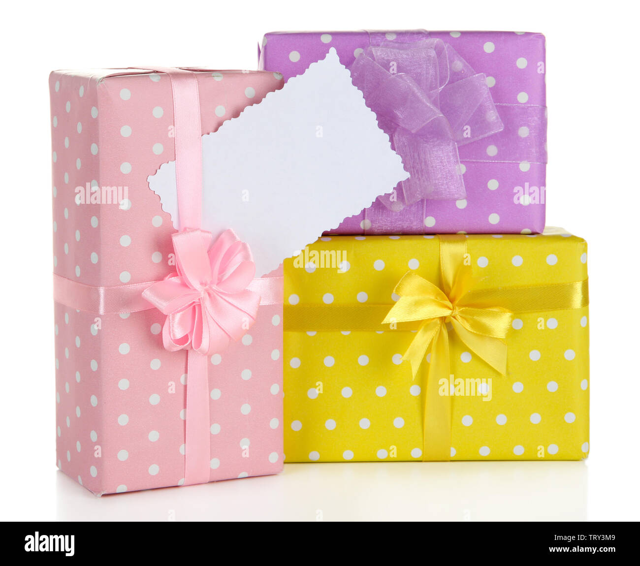 Gift boxes with blank label isolated on white Stock Photo - Alamy
