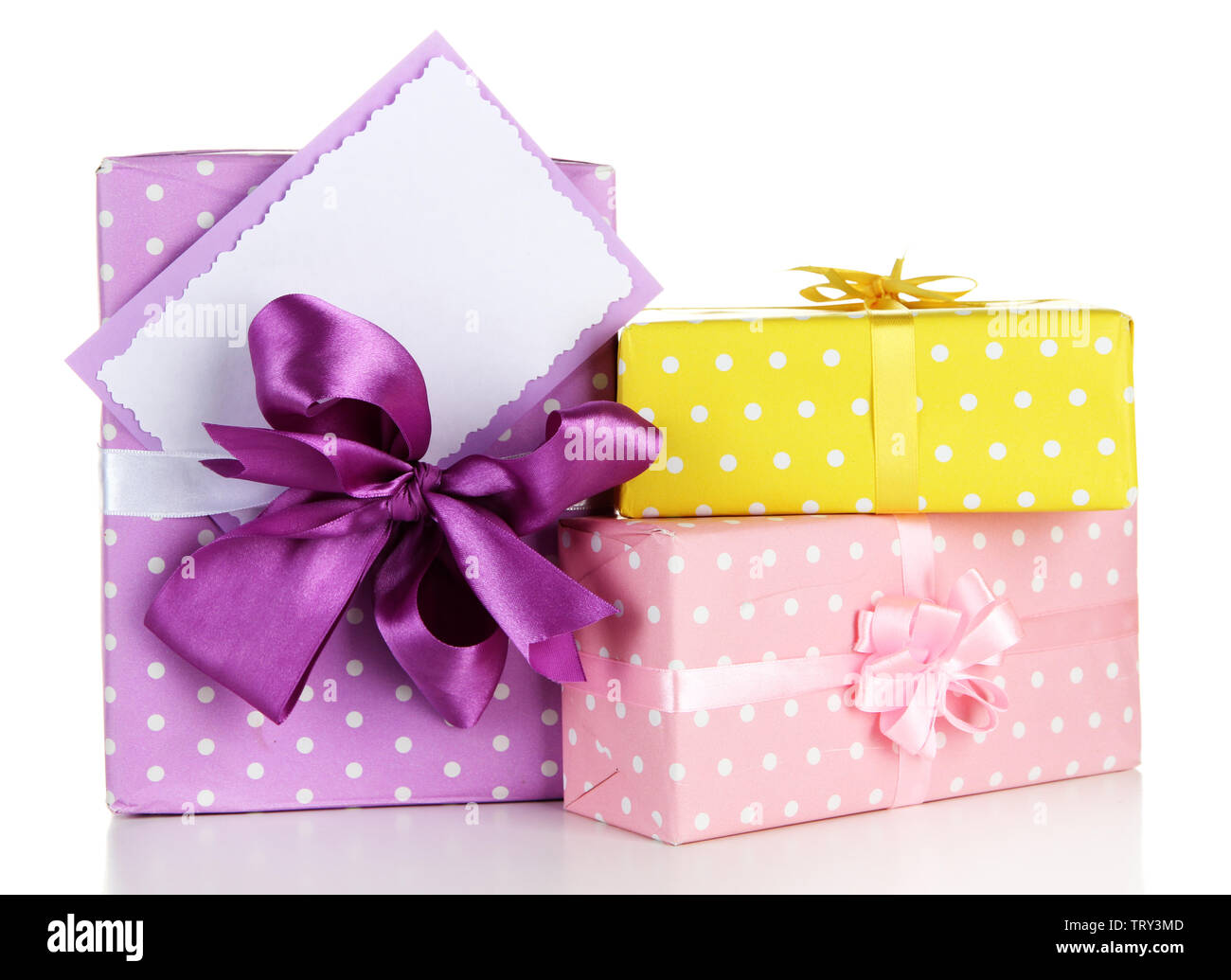 Gift boxes with blank label isolated on white Stock Photo - Alamy