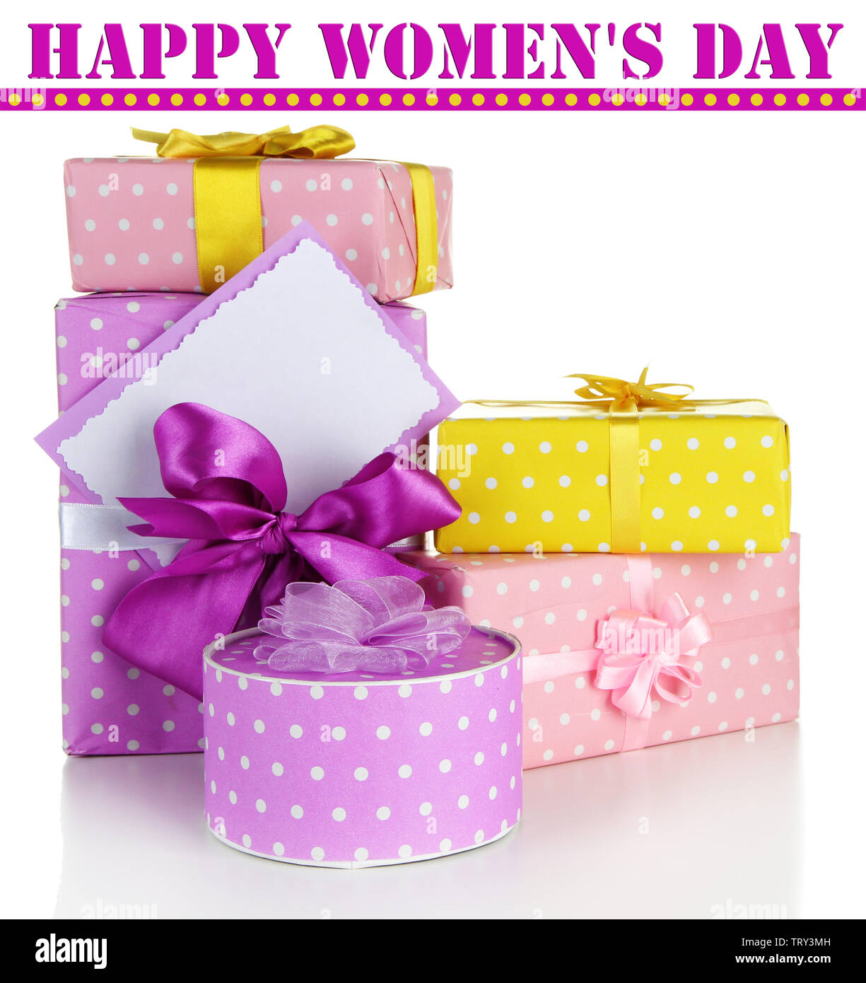 Gift boxes with blank label isolated on white Stock Photo - Alamy