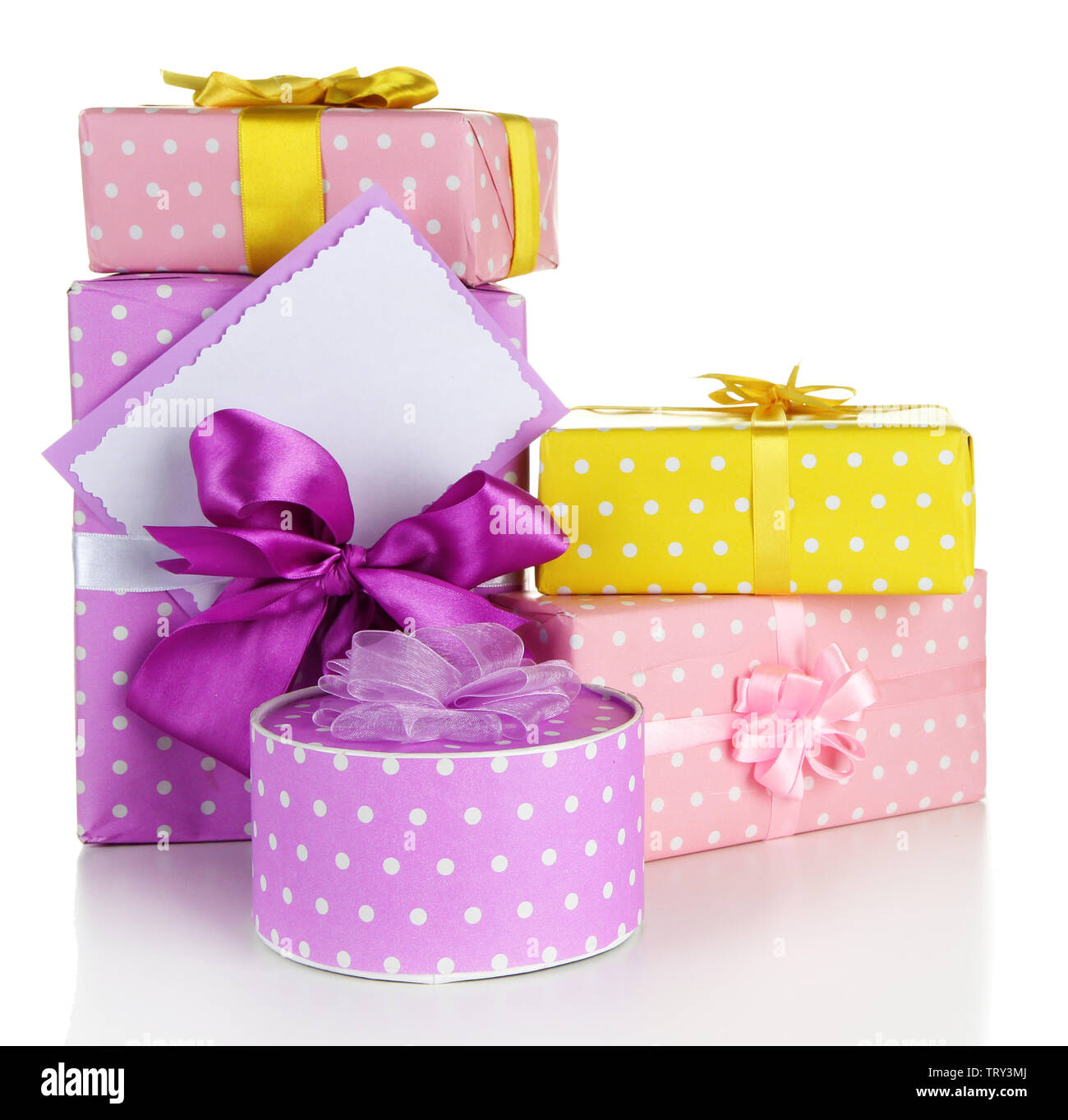 Gift boxes with blank label isolated on white Stock Photo - Alamy