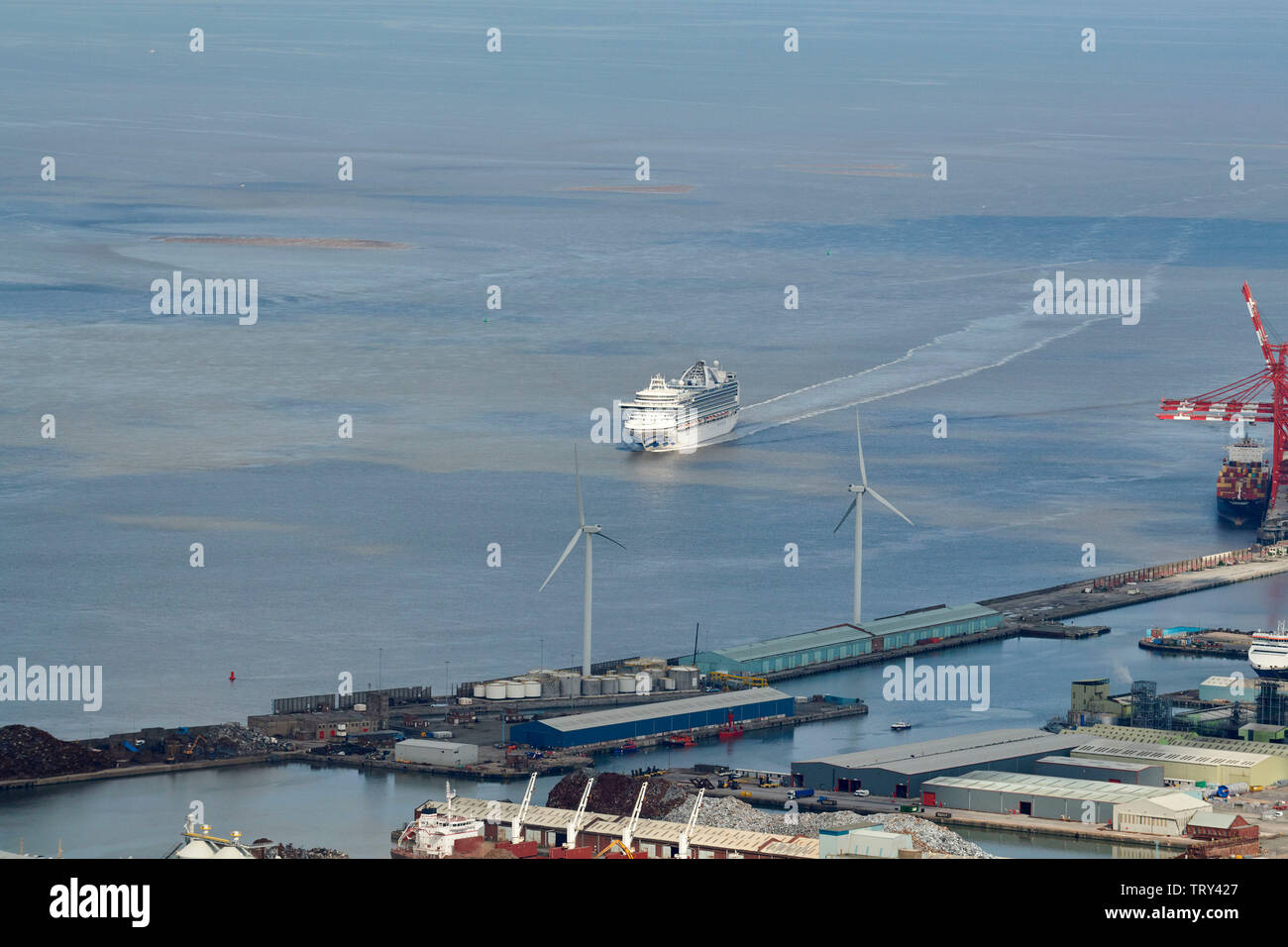 Crown Princess cruise ship, sailing into Liverpool on Mersey Estuary ...