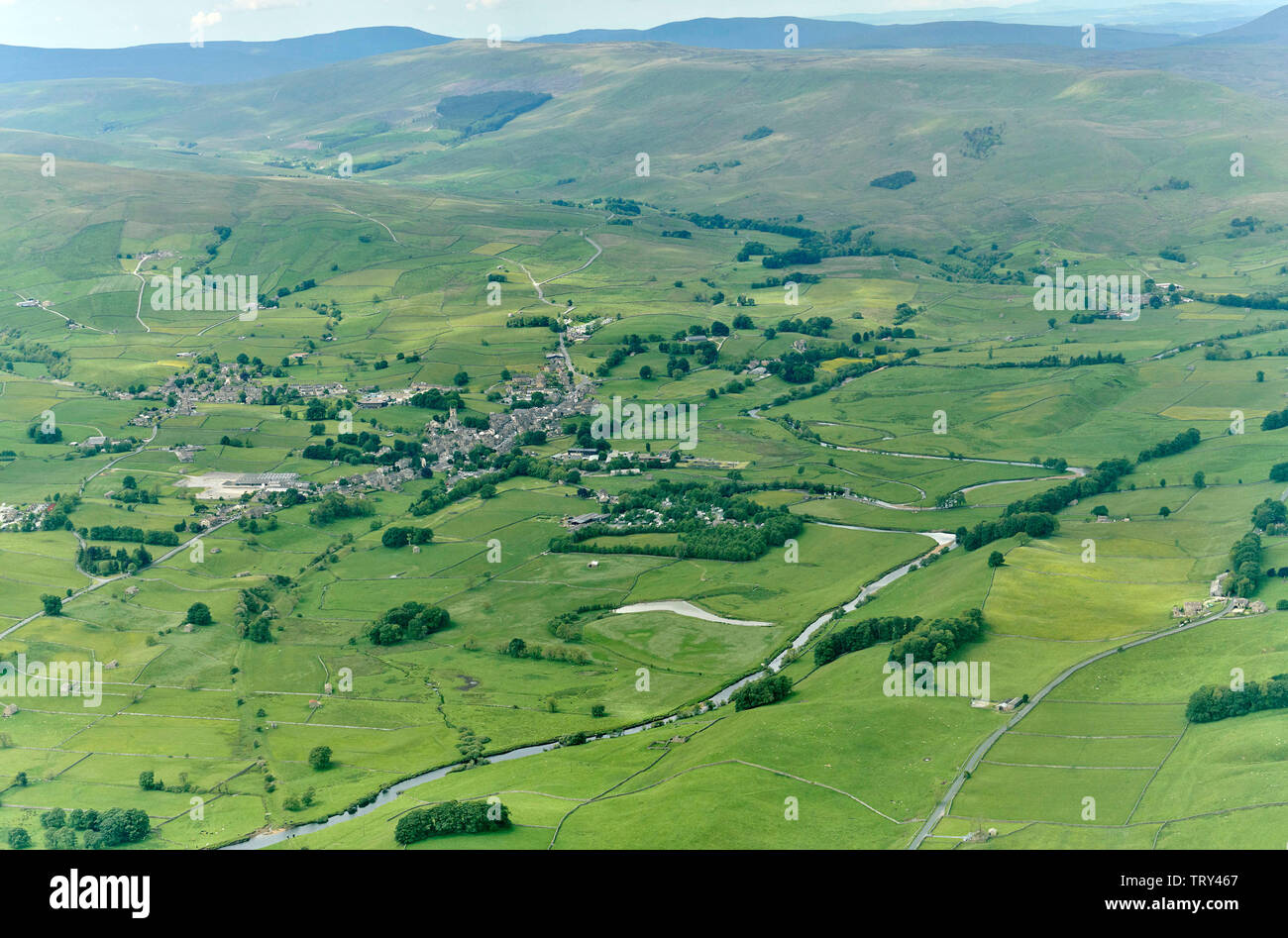 An aerial view of the town of Hawes, Wensleydale, Yorkshire Dales ...