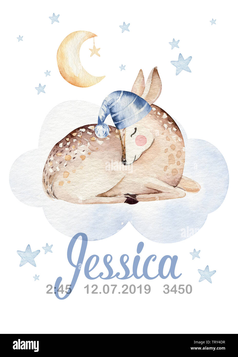 Cute dreaming cartoon animal hand drawn watercolor illustration. Can be ...