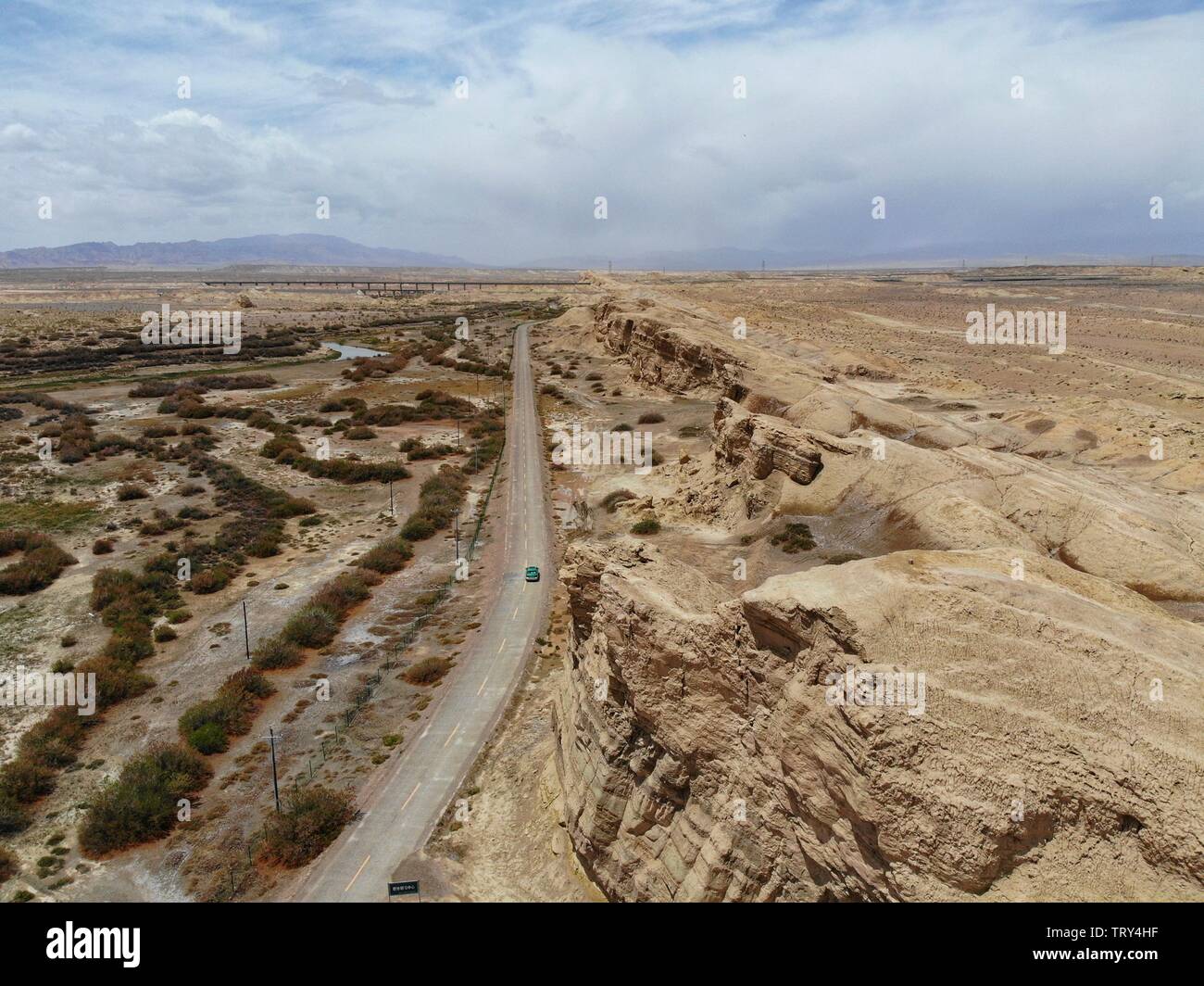 The midair view of the landscape in Delingha. Delingha is a city in ...