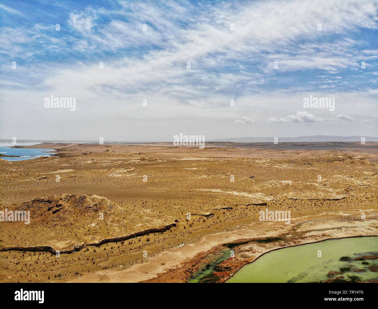The midair view of the landscape in Delingha. Delingha is a city in ...