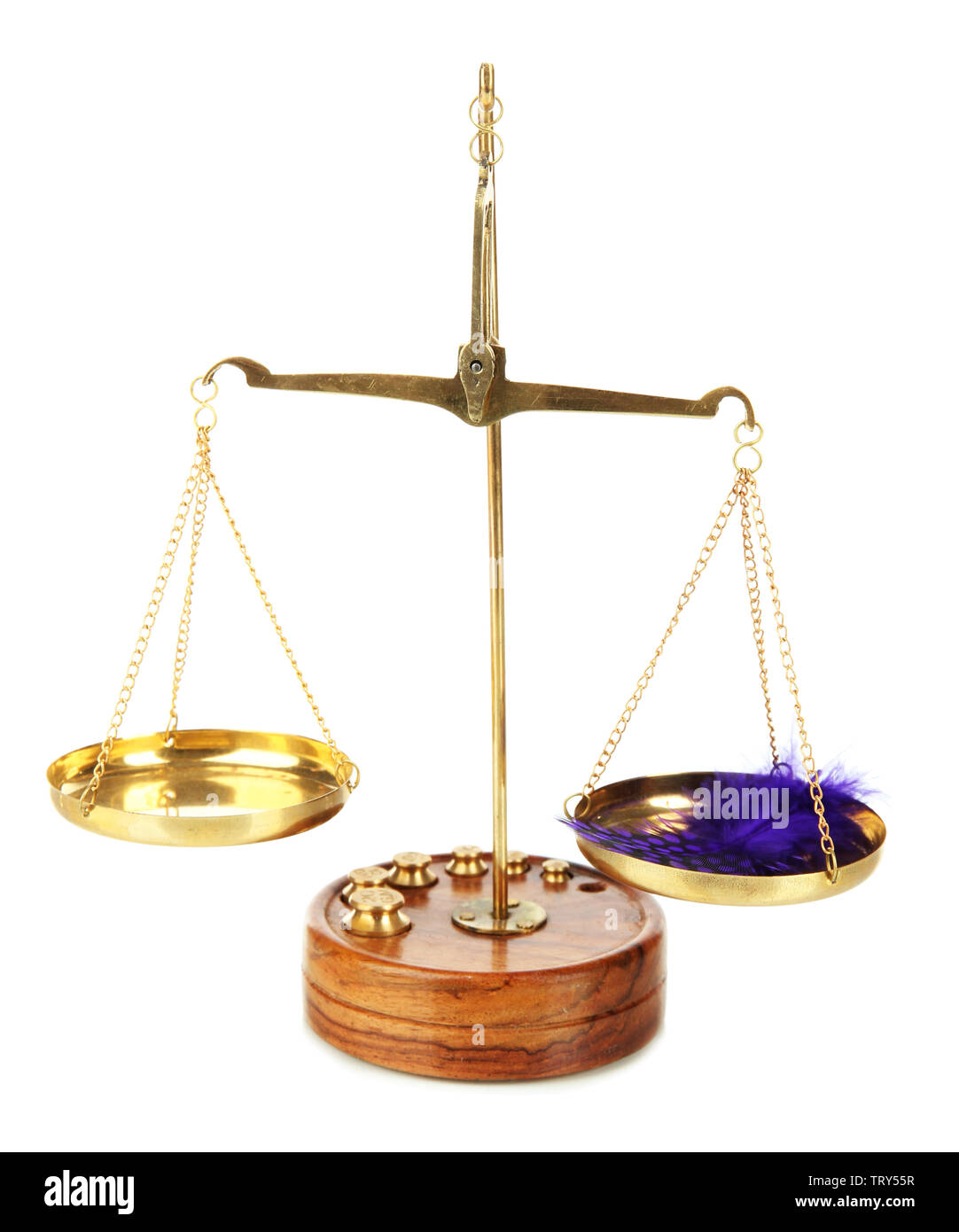 Balance scale with feather isolated on white Stock Photo - Alamy